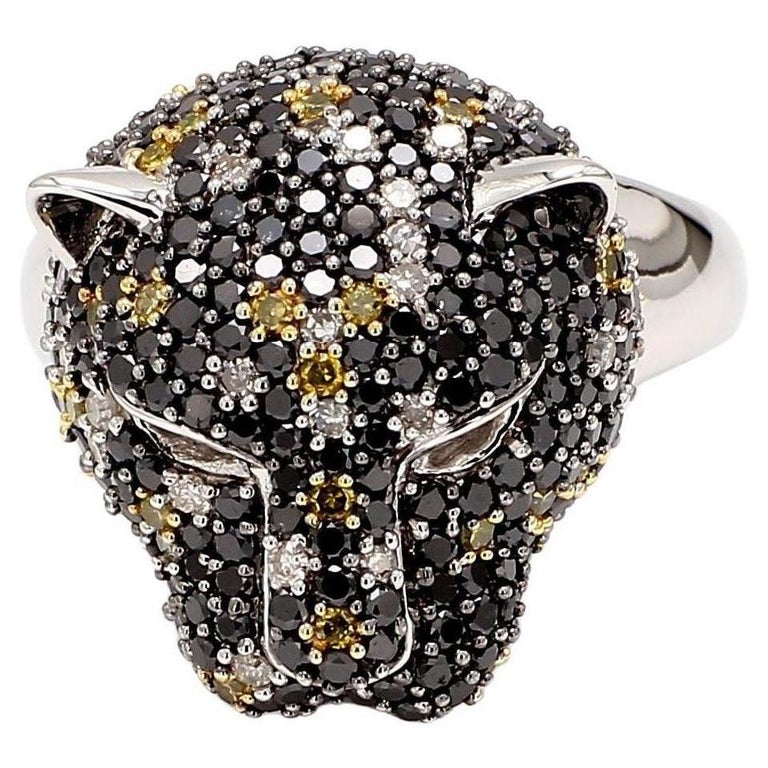 2.30CT Panther Head Black, Yellow and White Diamond Ring with White Gold For Sale at 1stDibs
