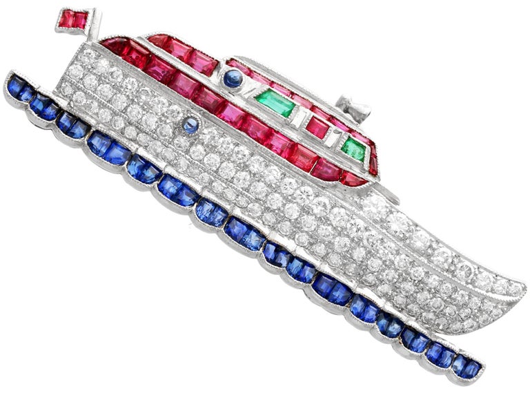 2.35 Carat Diamond Sapphire Ruby and Emerald Yellow Gold Boat Brooch ...