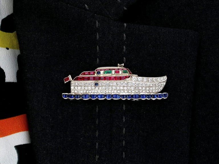 2.35 Carat Diamond Sapphire Ruby and Emerald Yellow Gold Boat Brooch ...