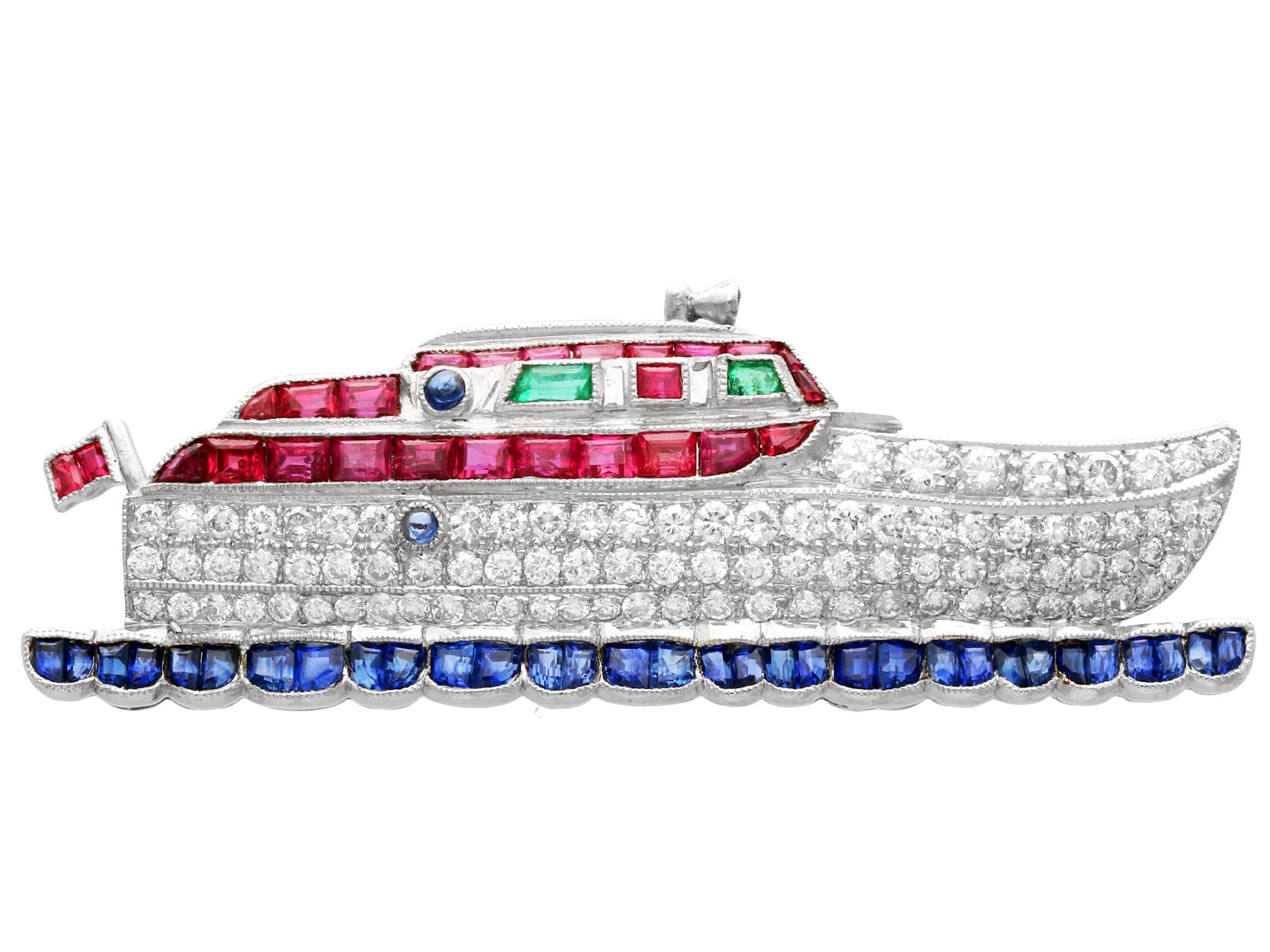 2.35 Carat Diamond Sapphire Ruby and Emerald Yellow Gold Boat Brooch ...