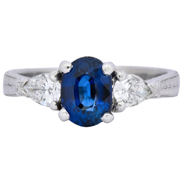 2.35 Carat Sapphire Diamond Gold Platinum Three Stone Ring at 1stDibs