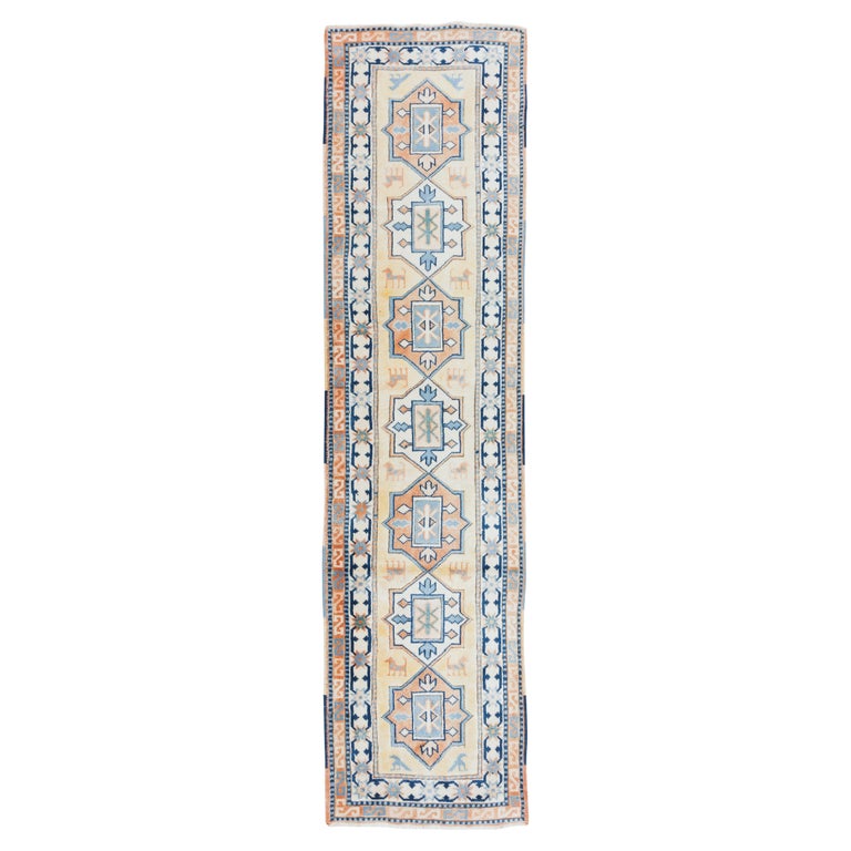 2.3x9.2 Ft Narrow Vintage Hand Knotted Turkish Geometric Runner Rug for ...