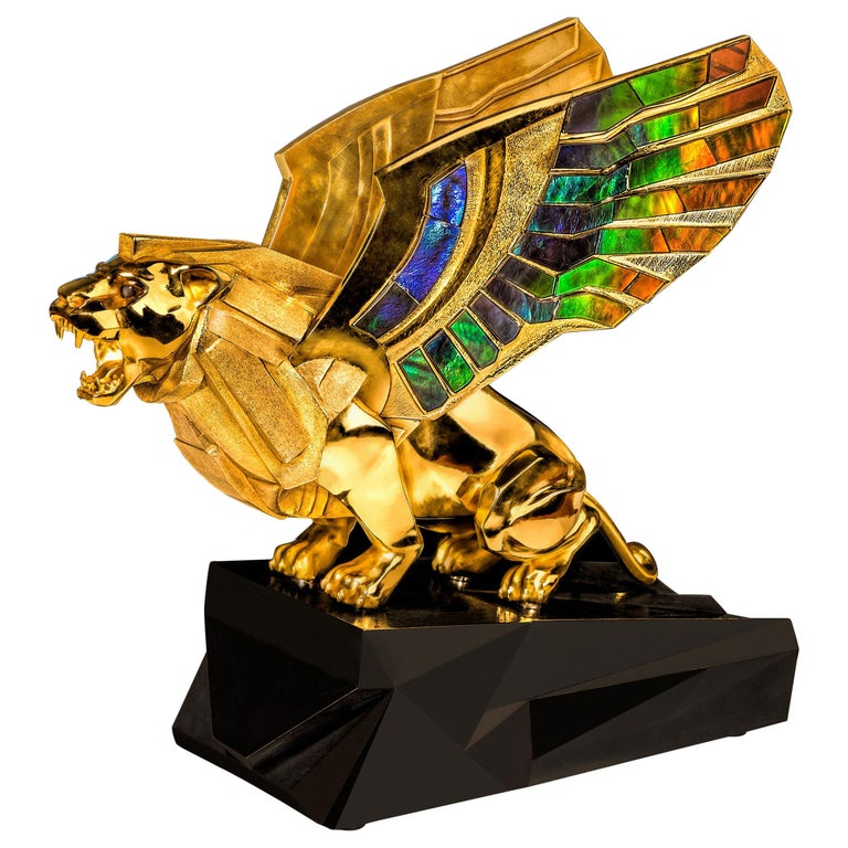 24 Karat Gilded Silver Ammolite Chrysoberyl Sculpture Gryphon Ancient ...