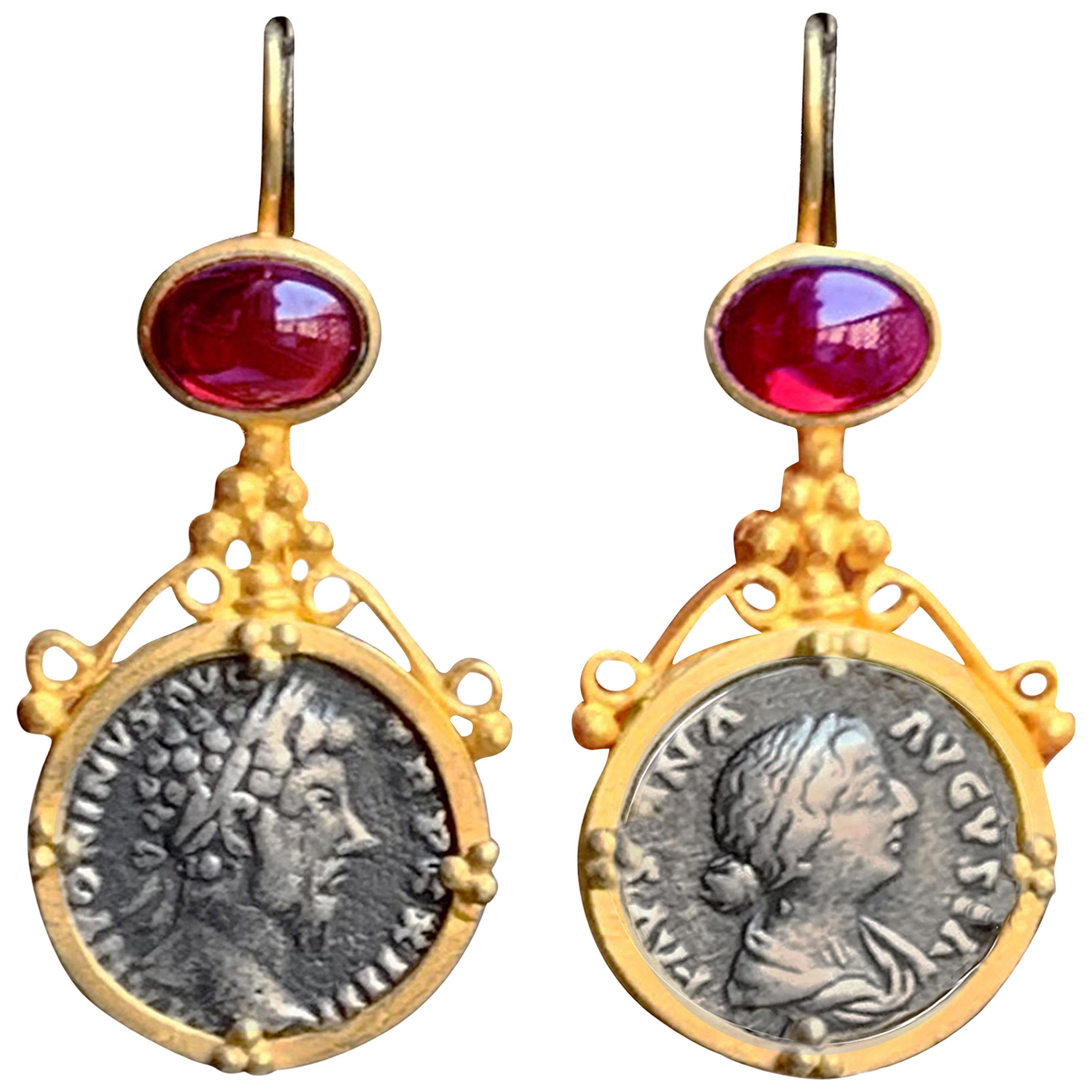 24 Karat Gilded Silver Earrings with Roman Coin 'Marcus Aurelius and ...
