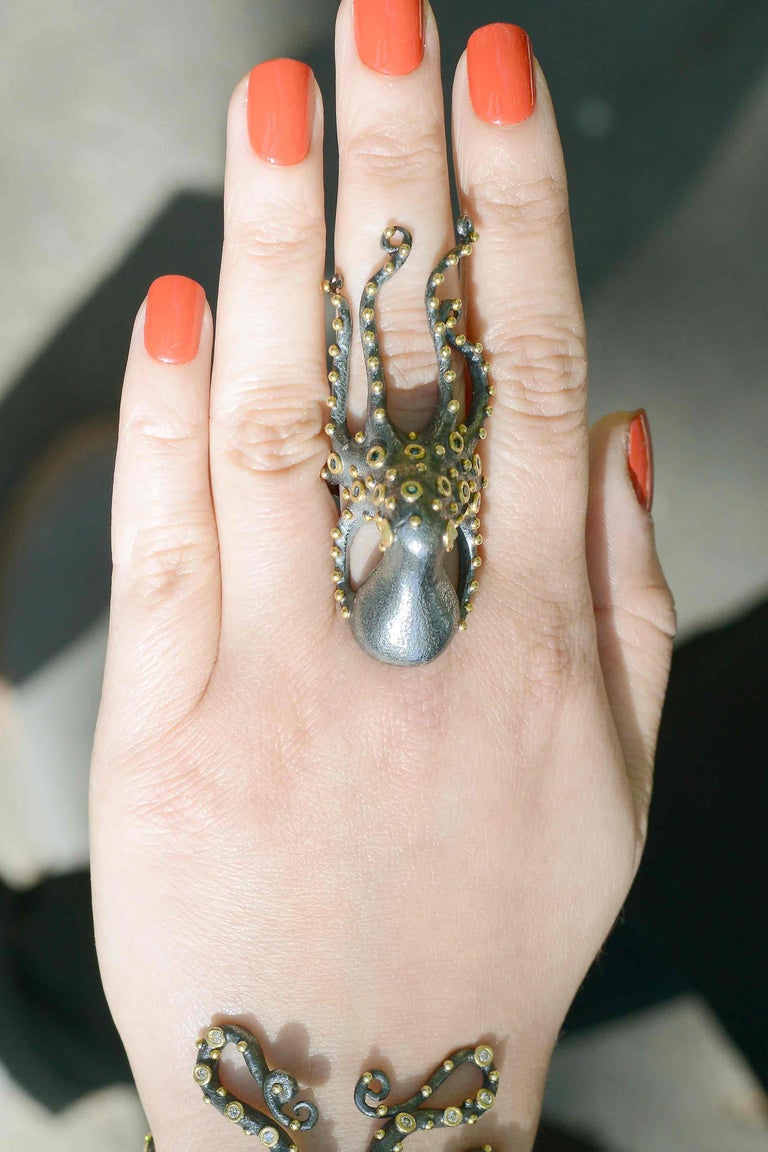 24 Karat Gold Octopus Ring Diamond Tentacles 2-Tone Art Nouveau Style ...