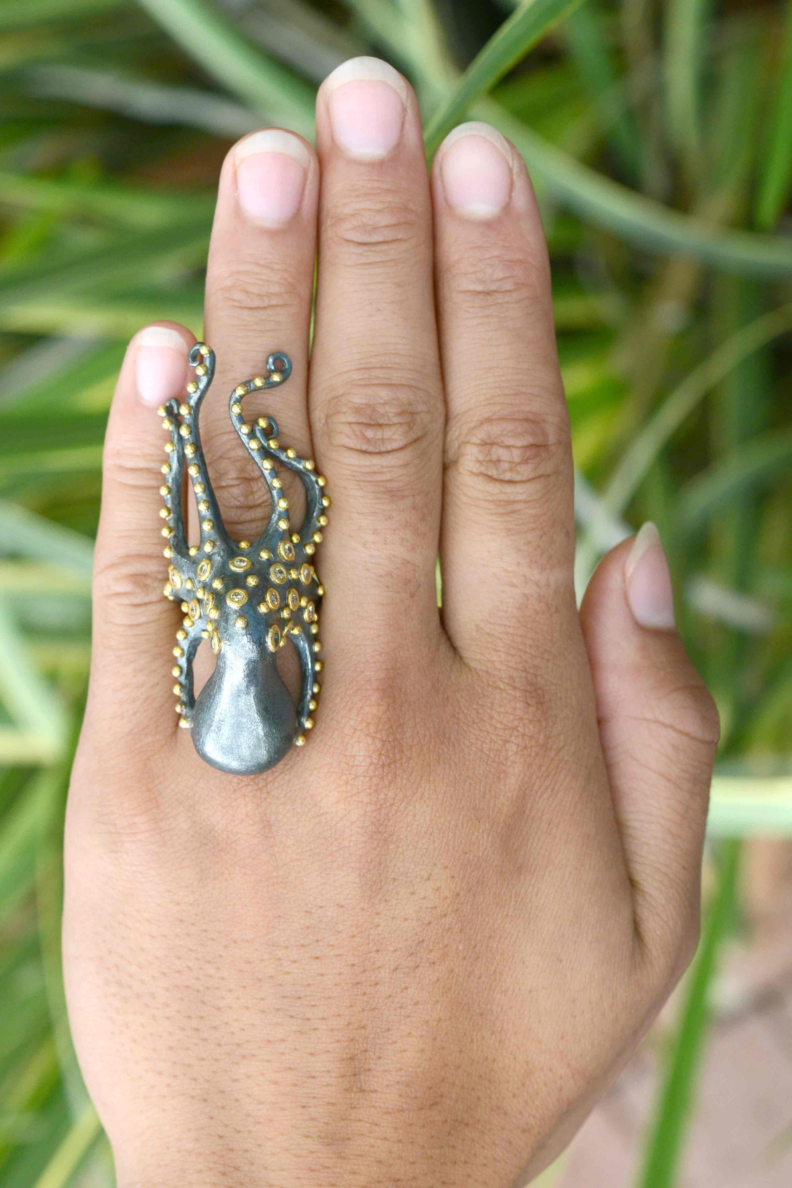 24 Karat Gold Octopus Ring Diamond Tentacles For Sale at 1stDibs | 24 ...