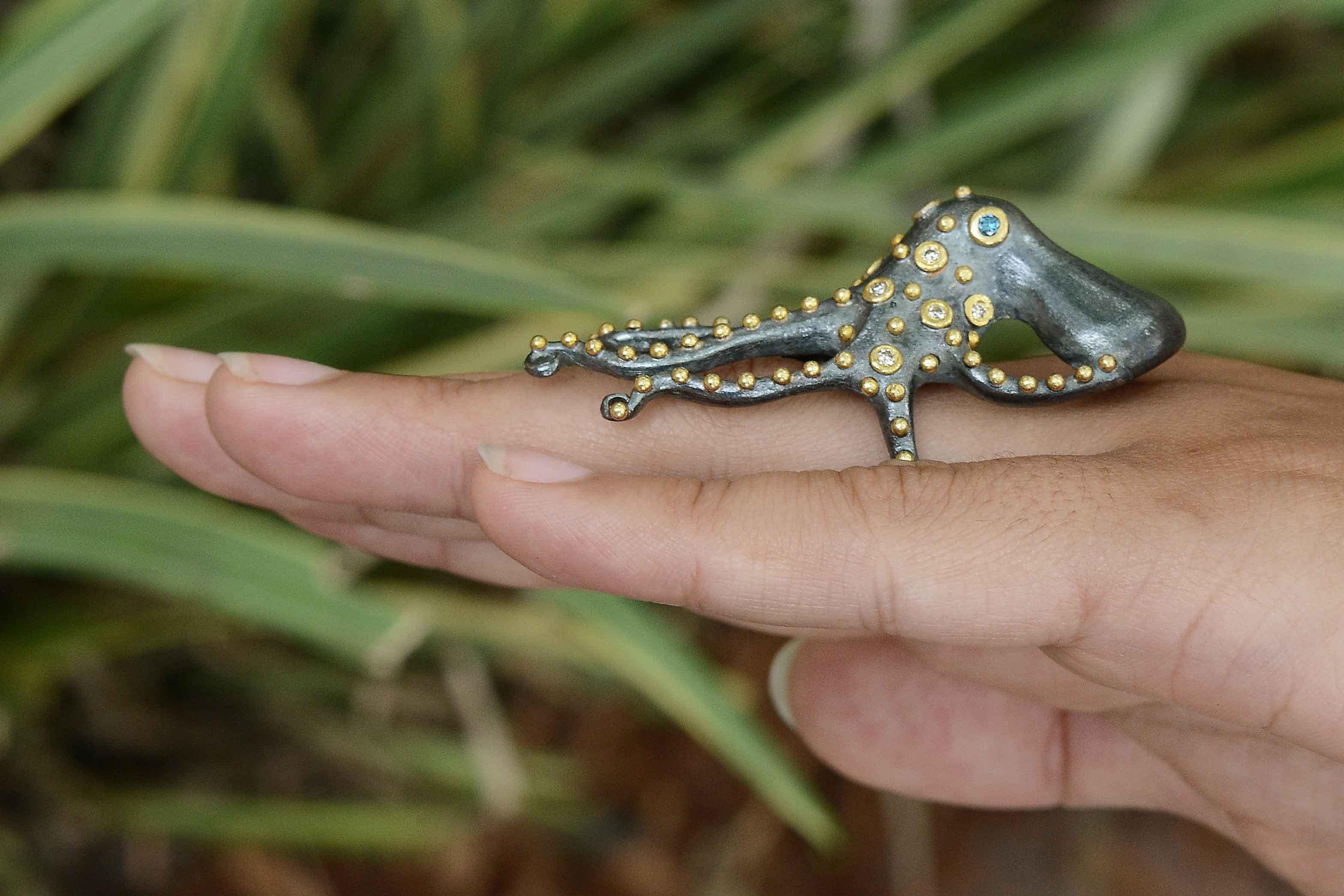 24 Karat Gold Octopus Ring Diamond Tentacles For Sale at 1stDibs | 24 ...