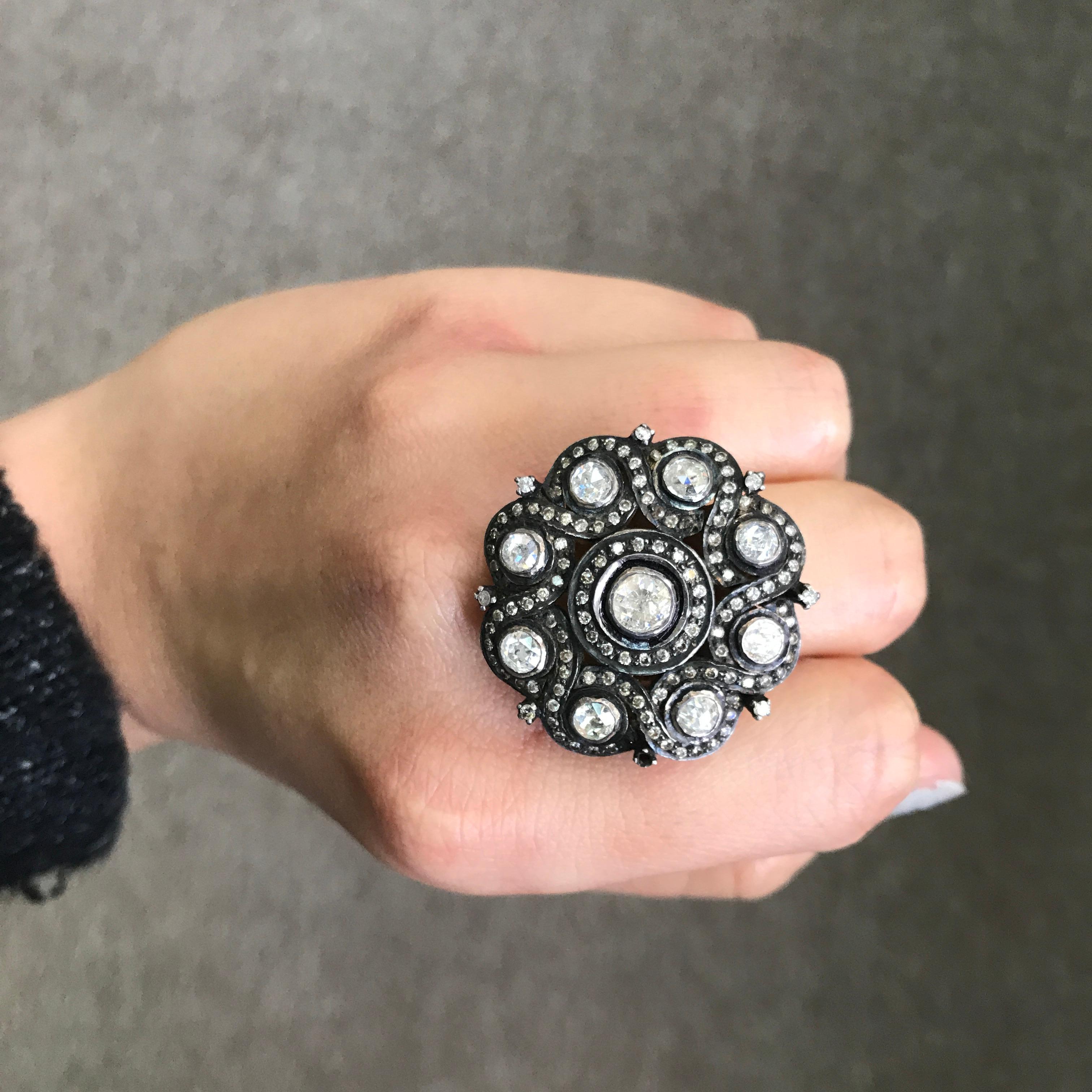 24 Karat Gold-Plated, Diamond and Silver Cocktail Ring For Sale at ...