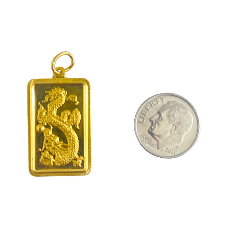 24 Karat Pure Yellow Gold Asian Dragon Bar Pendant For Sale at 1stDibs