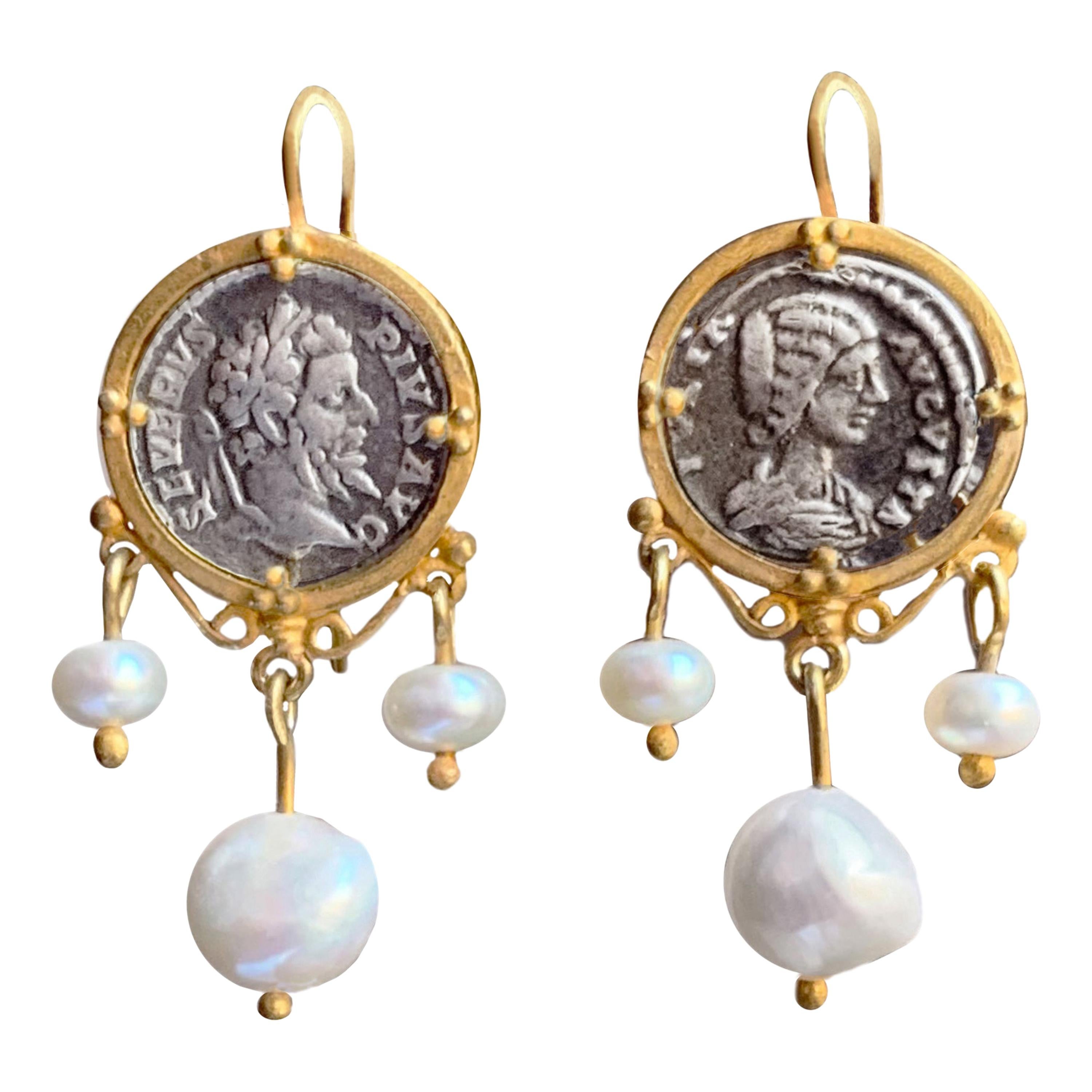24 Karat Gilded Silver Earrings with Roman Coin 'Marcus Aurelius and ...