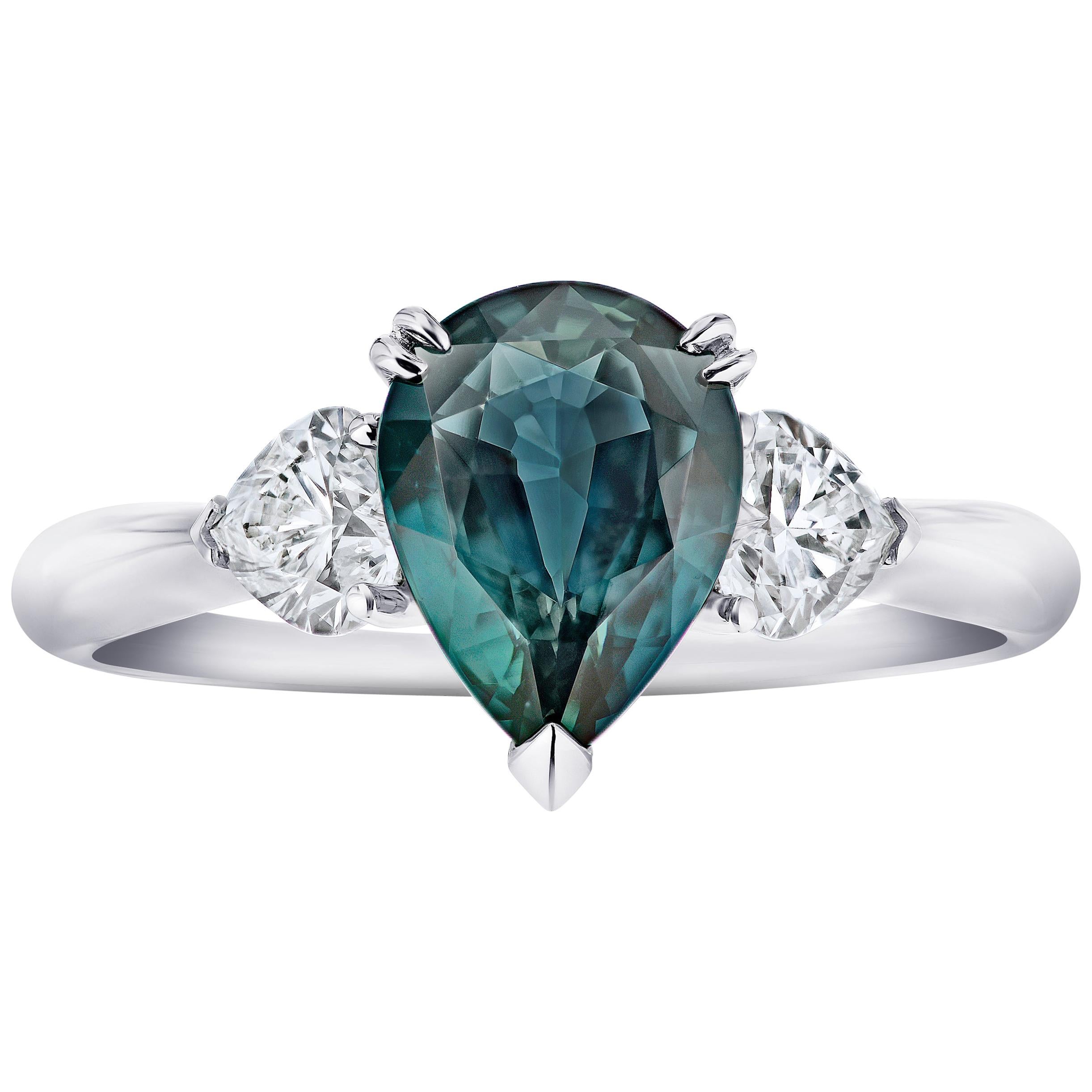 2.43 Carat Pear Shape Bluish Green Sapphire and Diamond Ring at 1stDibs ...