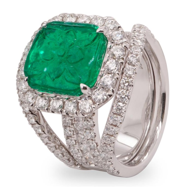 2.43 Carat Vivid Green Emerald Carving and 2.17 Carat Diamond Multi ...