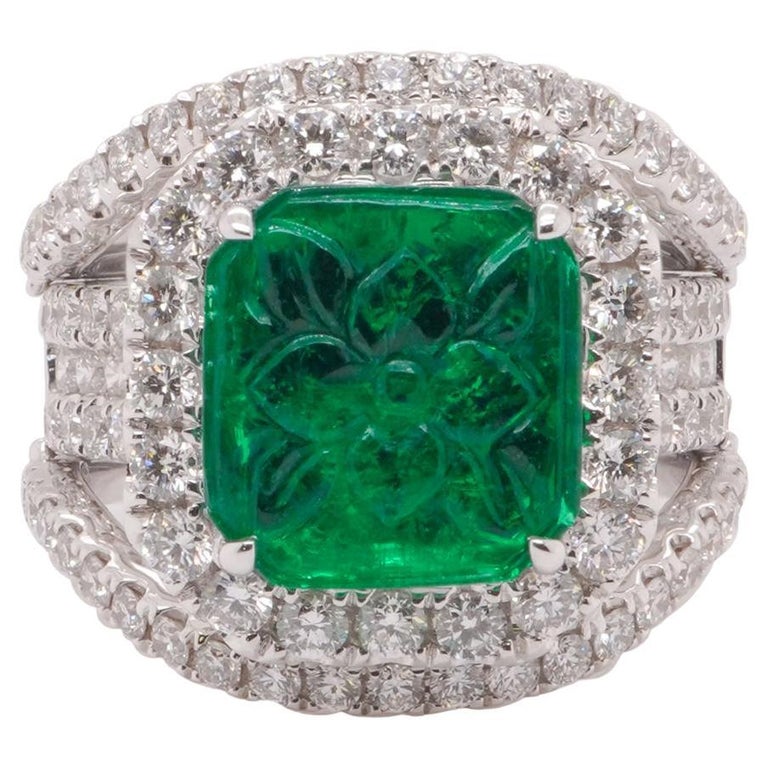 2.43 Carat Vivid Green Emerald Carving and 2.17 Carat Diamond Multi ...