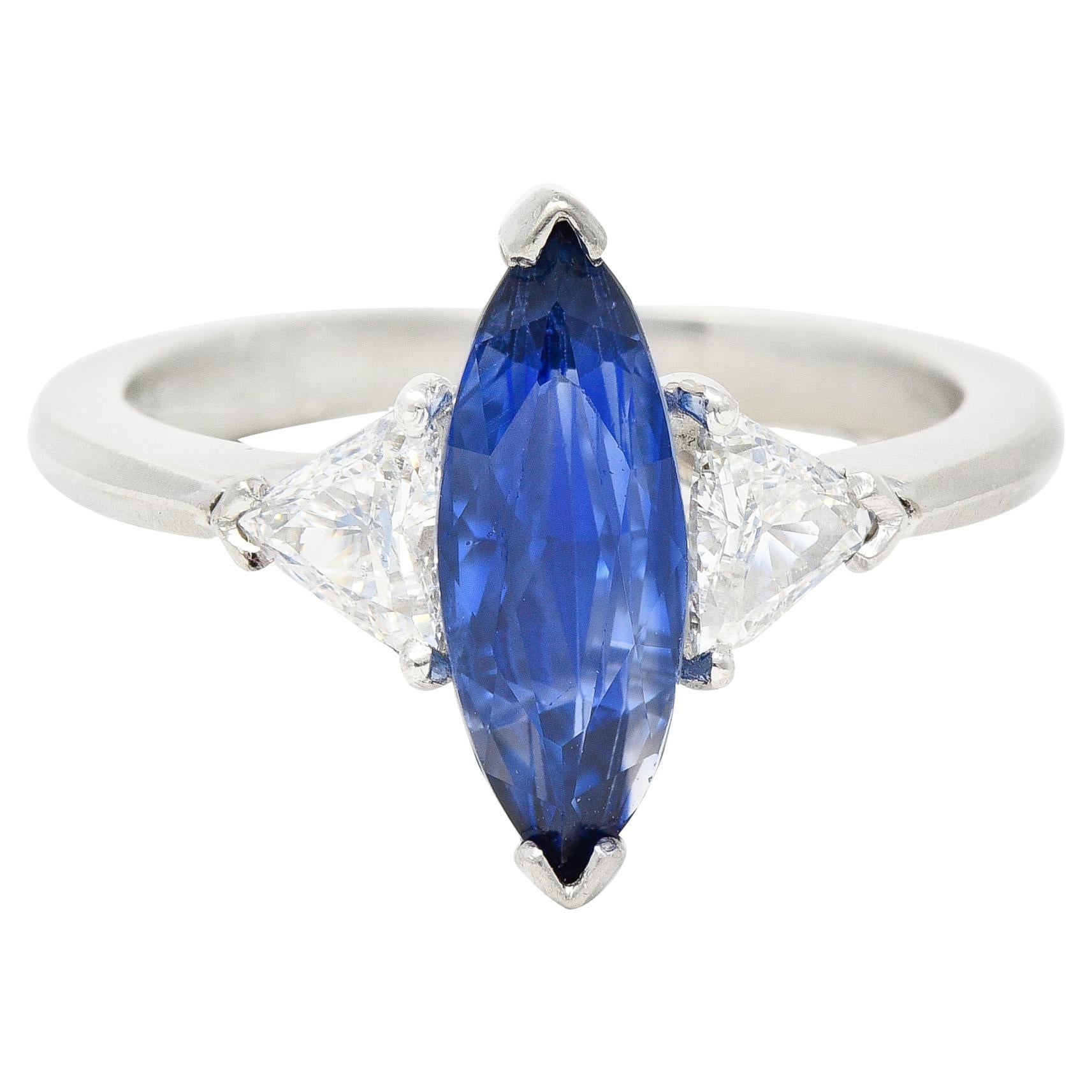 Oval Cut Natural Ceylon Blue Sapphire and Trillion Diamond Platinum 3 ...