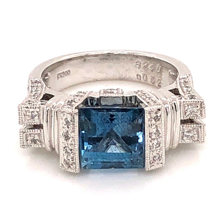 2.46 Carat Square Deep Aquamarine GIA and Diamond Platinum Band Ring ...