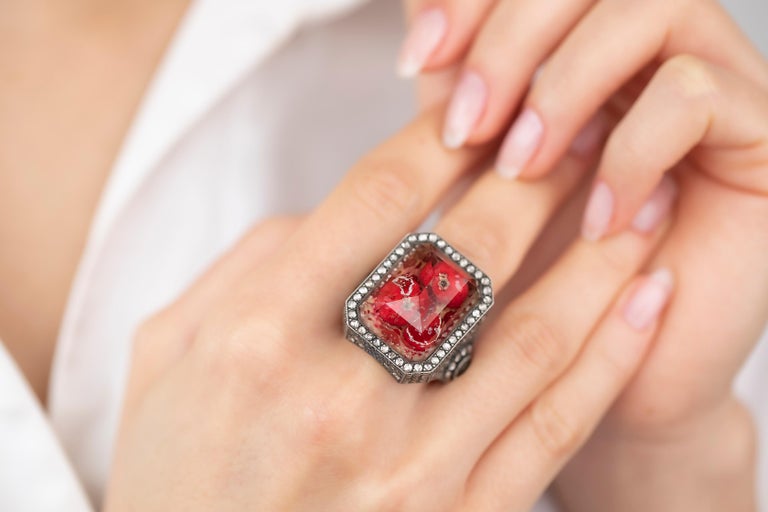 Customizable 24k Gold and 925K Silver Carved Pomegranate Ring with 1.15 ...