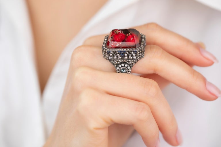 Customizable 24k Gold and 925K Silver Carved Pomegranate Ring with 1.15 ...