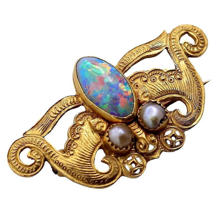 24K Gold Chatelaine Brooch with Fine Contraluz Opal and Semi-Baroque ...