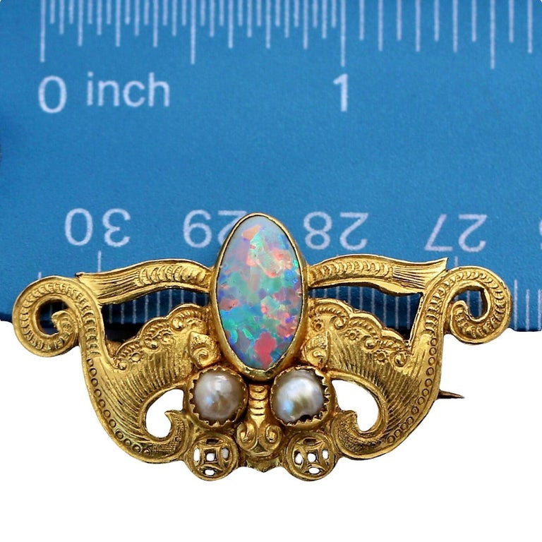 24K Gold Chatelaine Brooch with Fine Contraluz Opal and Semi-Baroque ...
