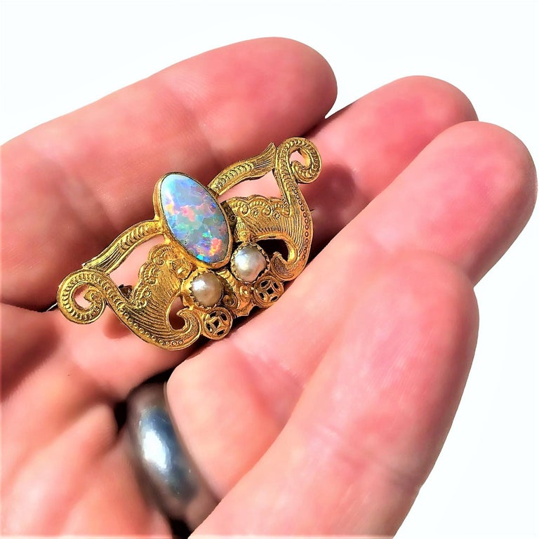 24K Gold Chatelaine Brooch with Fine Contraluz Opal and Semi-Baroque Pearls For Sale at 1stDibs