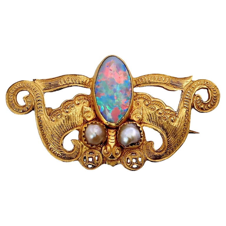 24K Gold Chatelaine Brooch with Fine Contraluz Opal and Semi-Baroque ...