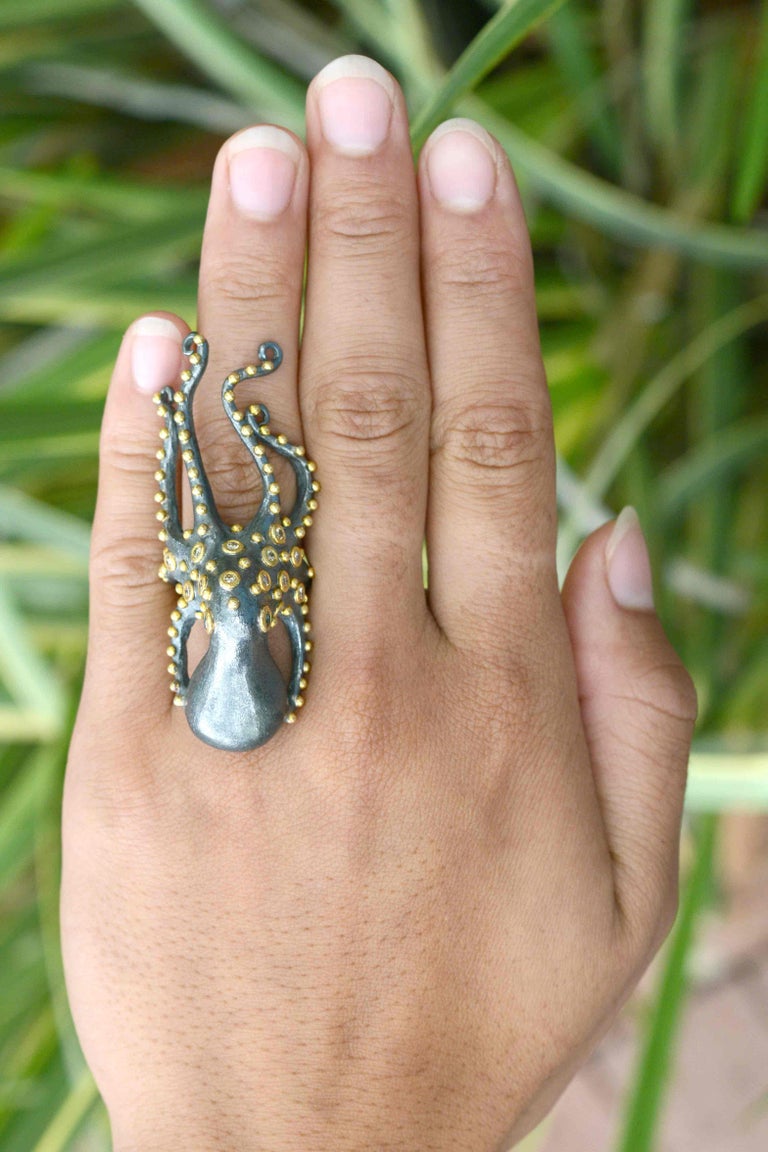 24 Karat Gold Octopus Ring Diamond Tentacles 2-Tone Art Nouveau Style ...