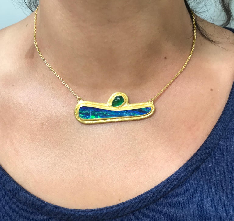 24 Karat Gold Opal Doublet, Emerald Necklace For Sale at 1stDibs