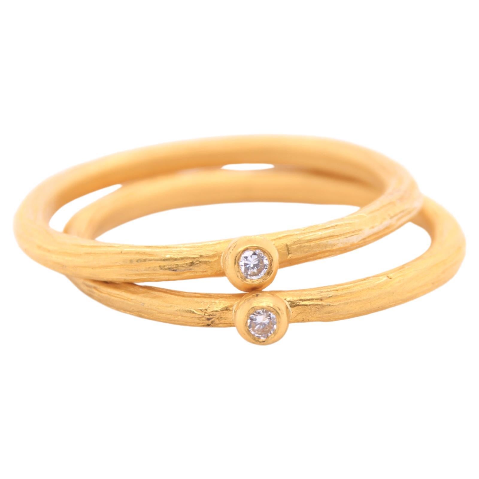 24K Solid Gold Hammered Textured Flower Stacker Rings With Diamond For 24k-solid-gold-hammered-textured-flower-stacker-rings-with-diamond-for