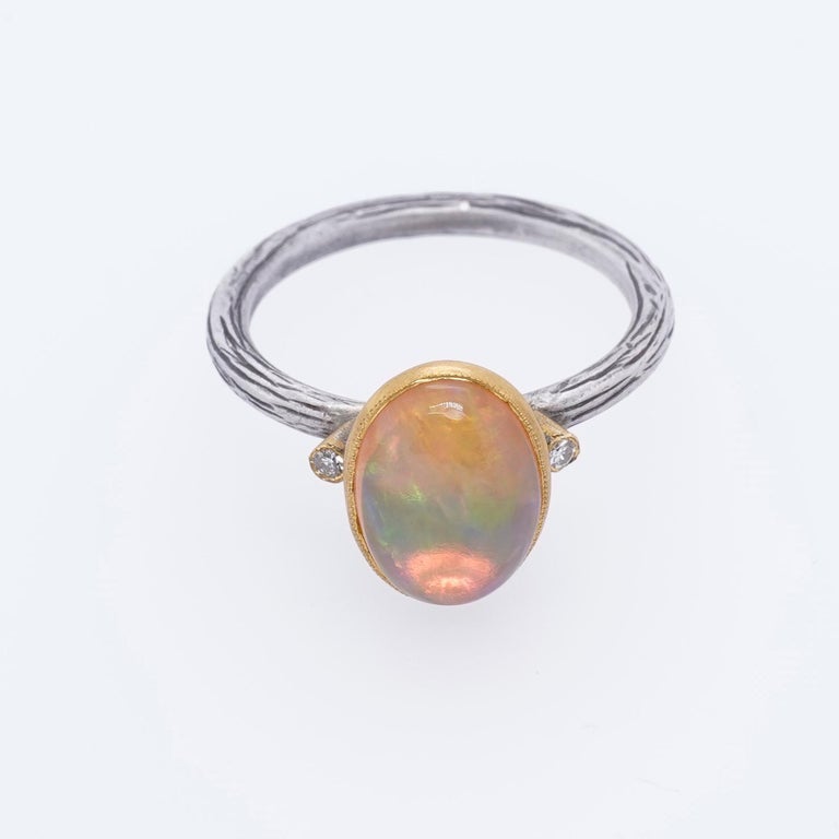 24kt Gold and Silver Oval, Pearlescent Opal Ring with Side Diamonds For ...