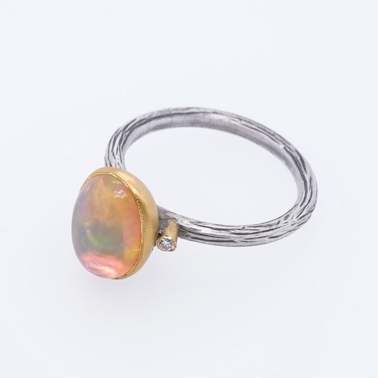 24kt Gold and Silver Oval, Pearlescent Opal Ring with Side Diamonds For ...