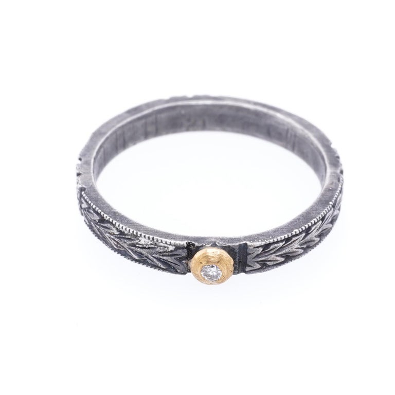 24kt Gold and Silver with Single Diamond Engraved Stacker Ring For Sale ...