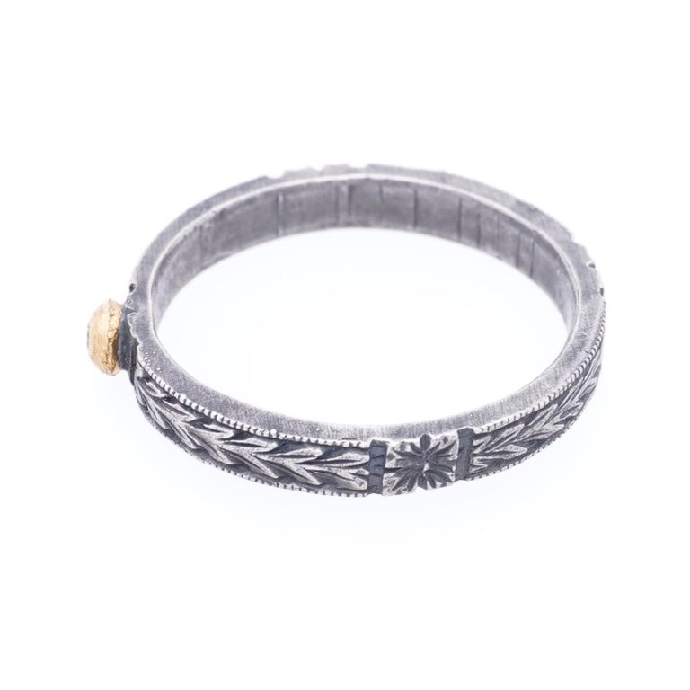 24kt Gold and Silver with Single Diamond Engraved Stacker Ring For Sale ...