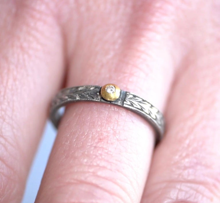 24kt Gold and Silver with Single Diamond Engraved Stacker Ring For Sale ...