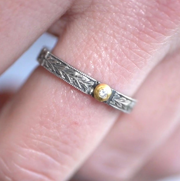 24kt Gold and Silver with Single Diamond Engraved Stacker Ring For Sale ...