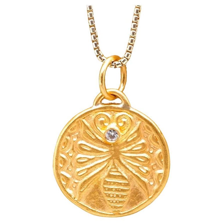 24Kt Solid Gold, Ancient Bee Coin Charm Pendant Necklace with Diamond ...