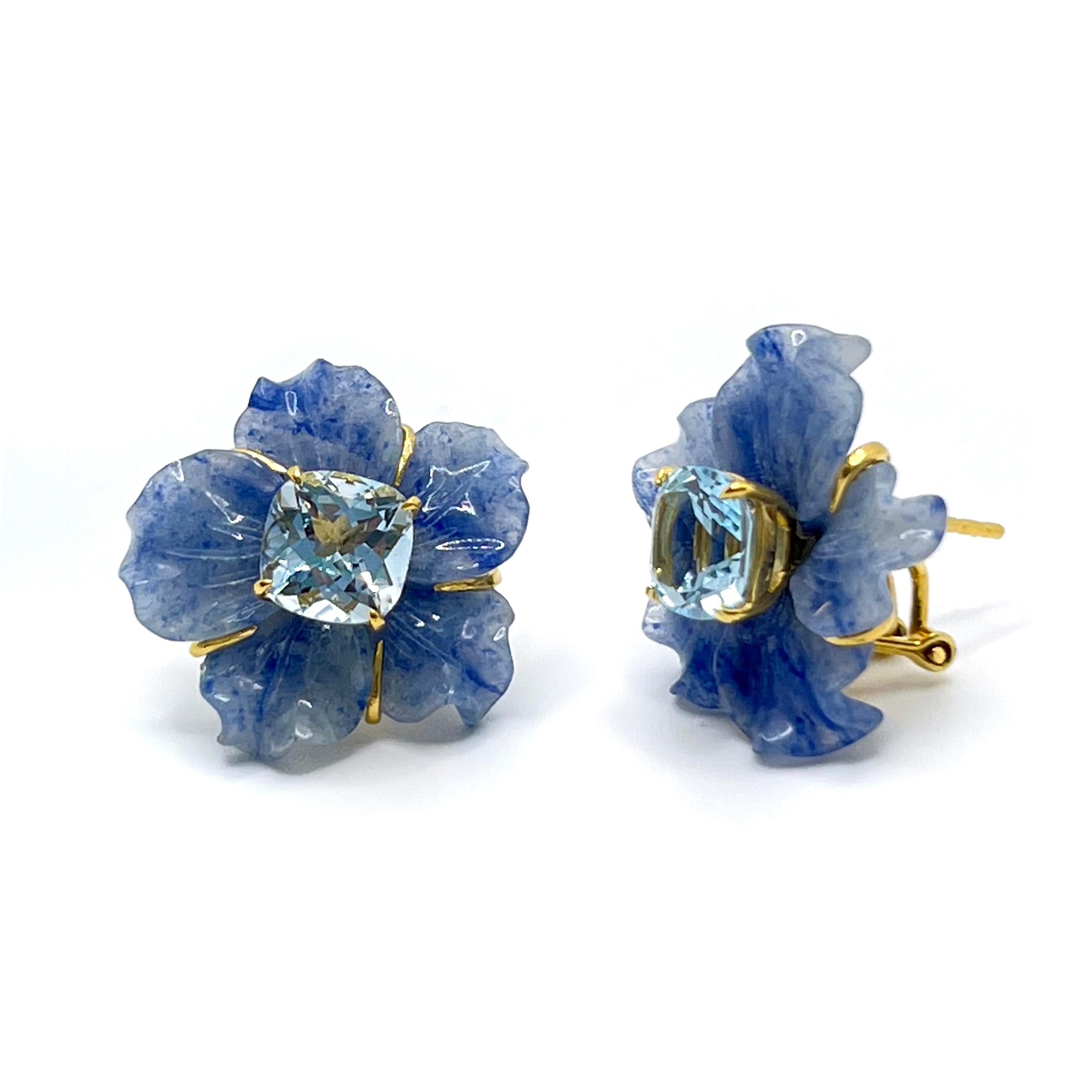 24mm Carved Dumortierite Flower and Cushion Blue Topaz Vermeil Earrings ...