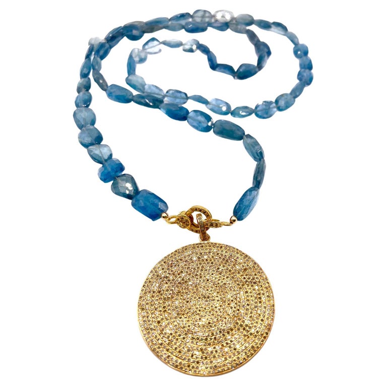 2.5 Carat Diamond Disk on Santa Maria Aqua Marine Long Necklace at 1stDibs