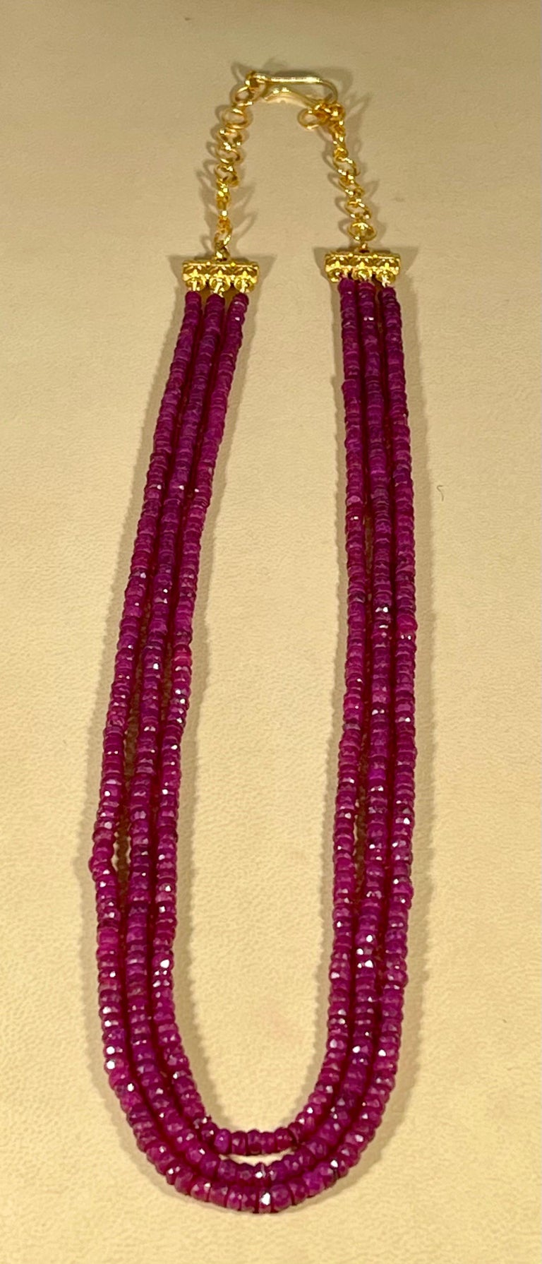 250 Carat Treated Ruby Bead Triple Strand Necklace with Silver Clasp ...
