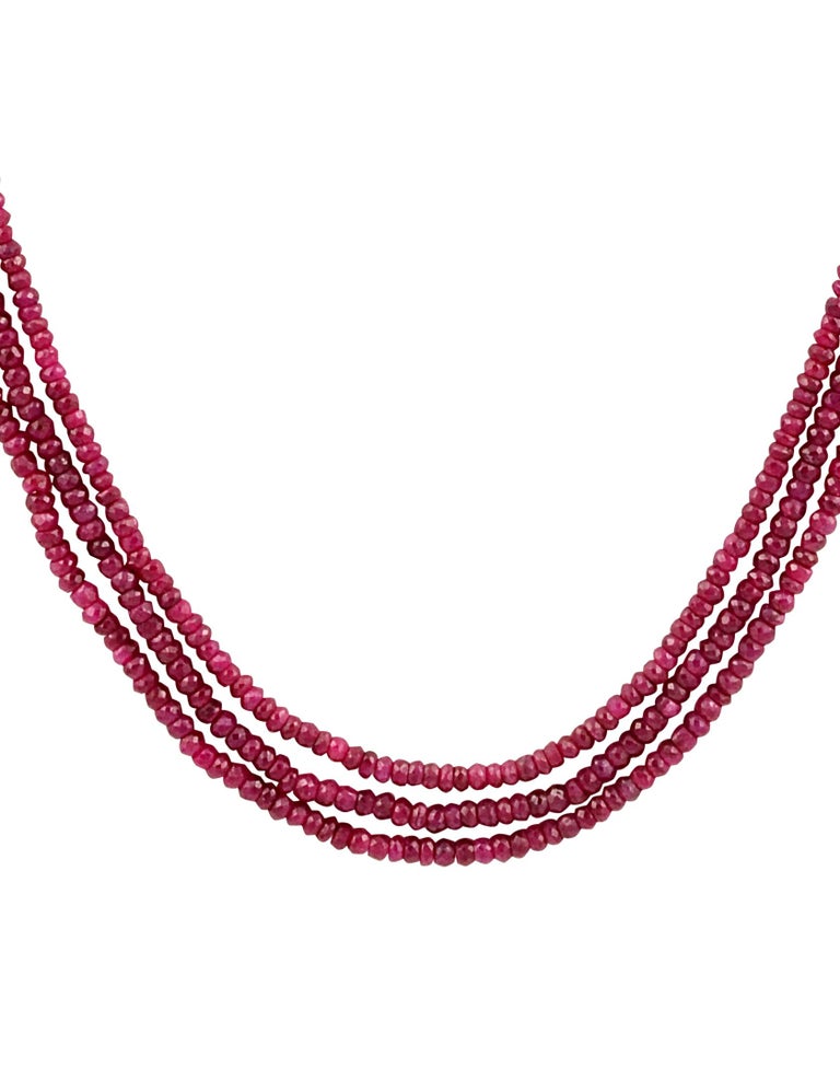 250 Carat Treated Ruby Bead Triple Strand Necklace with Silver Clasp ...