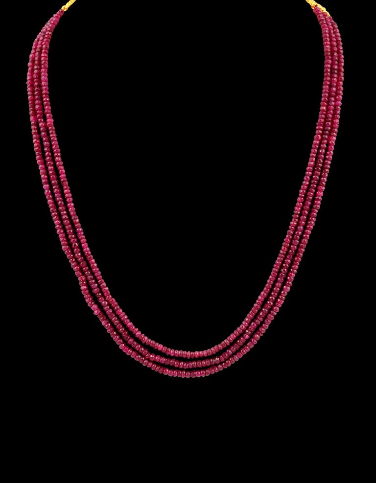 250 Carat Treated Ruby Bead Triple Strand Necklace with Silver Clasp ...