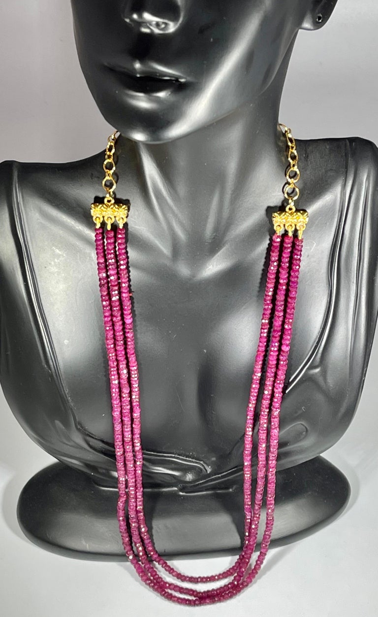 250 Carat Treated Ruby Bead Triple Strand Necklace with Silver Clasp ...
