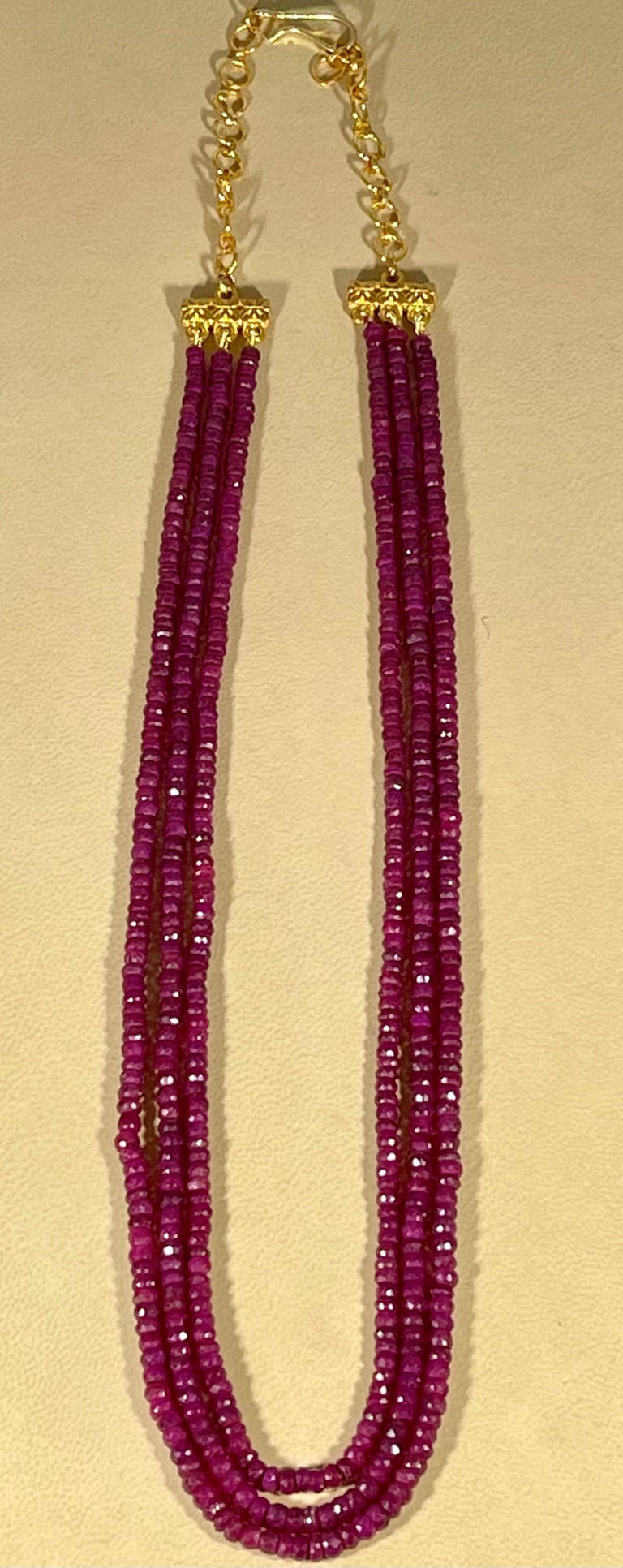 250 Carat Treated Ruby Bead Triple Strand Necklace with Silver Clasp ...