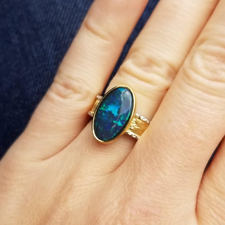 2.51 Carat Australian Black Opal in 18 Karat Hand Engraved Italian Ring ...