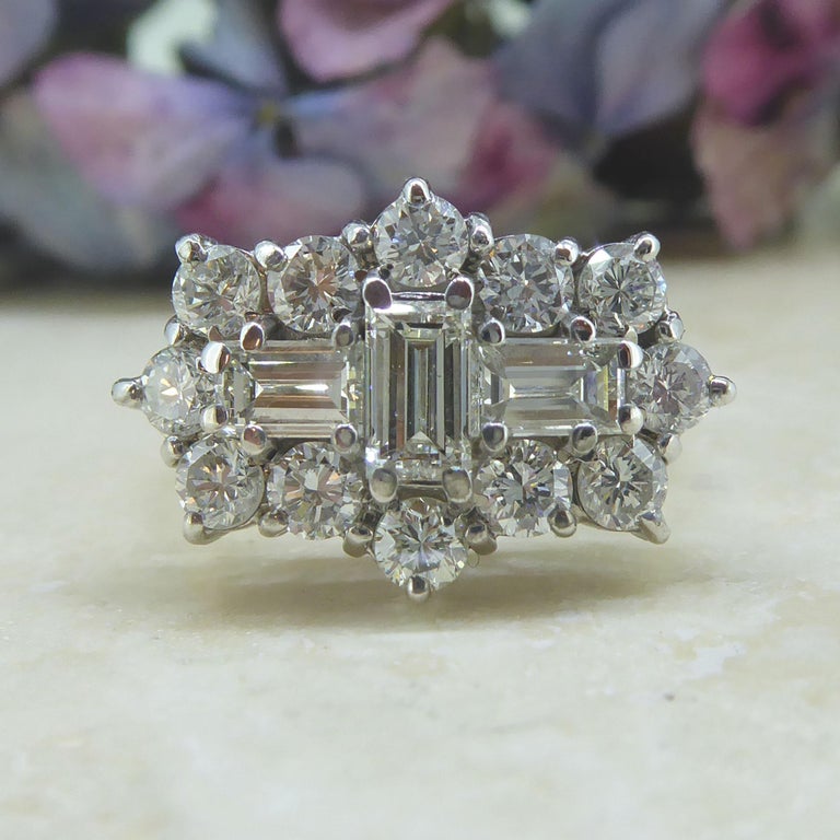 2.54 Carat Diamond Ring, Cluster Design with Baguette and Brilliant Cut ...