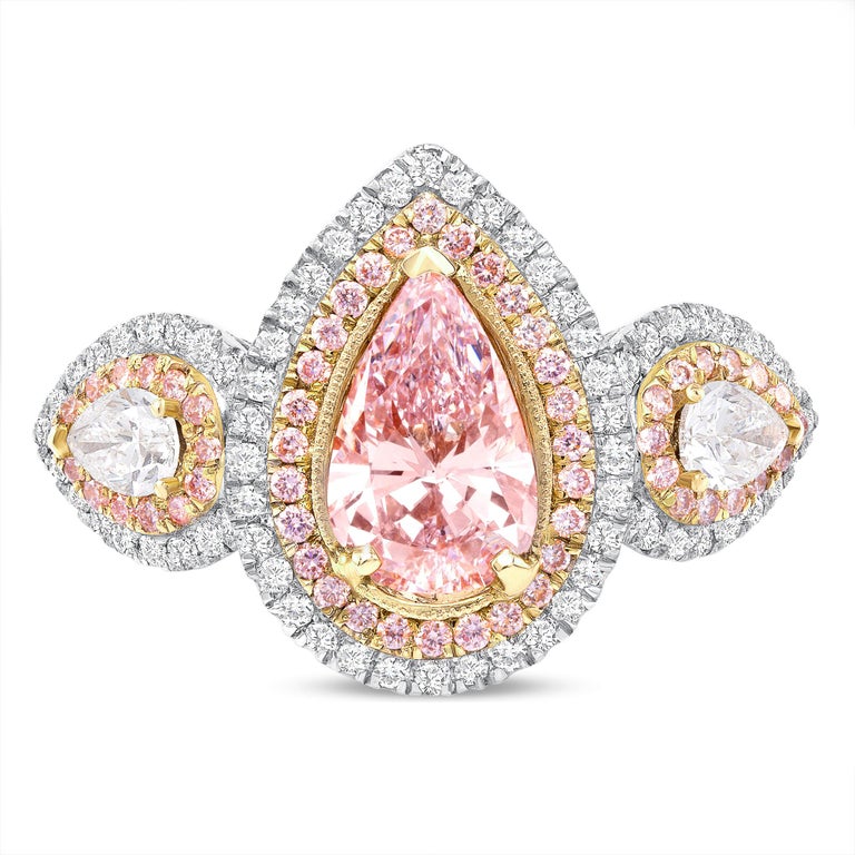 2.55 Carat 3 Stone Fancy Light Pink Pear Shaped Diamond Engagement Ring For Sale at 1stDibs