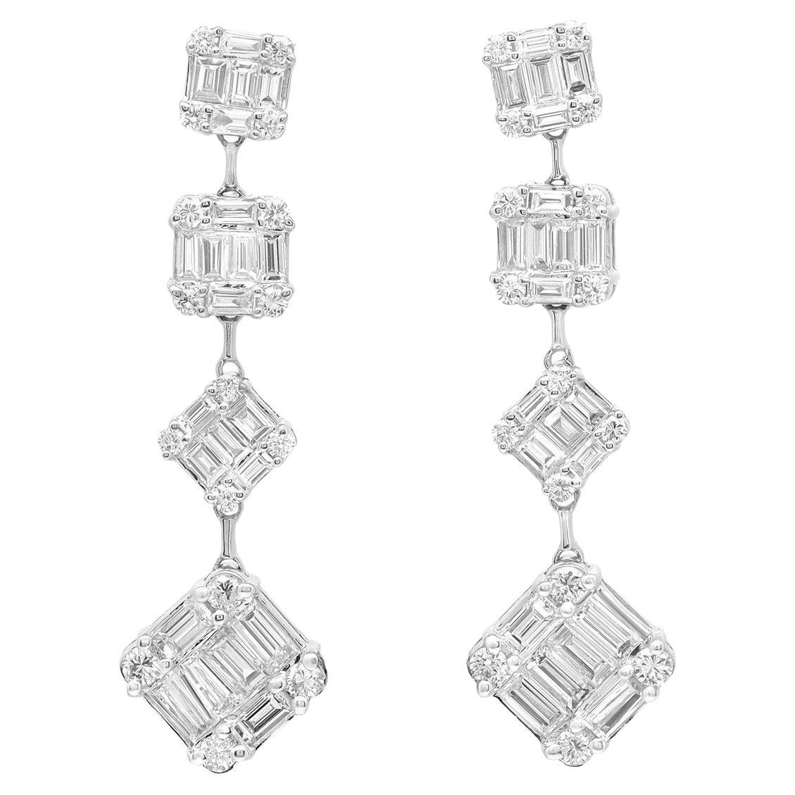 3.31 Carat Baguette and Round Cut Diamond Drop Earrings 18K White Gold ...
