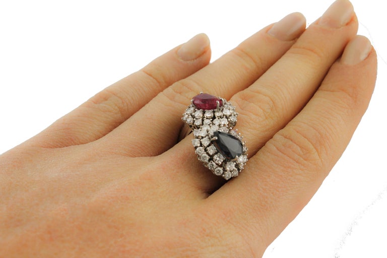 Diamond Sapphire Ruby 18 kt White Gold Ring For Sale at 1stDibs