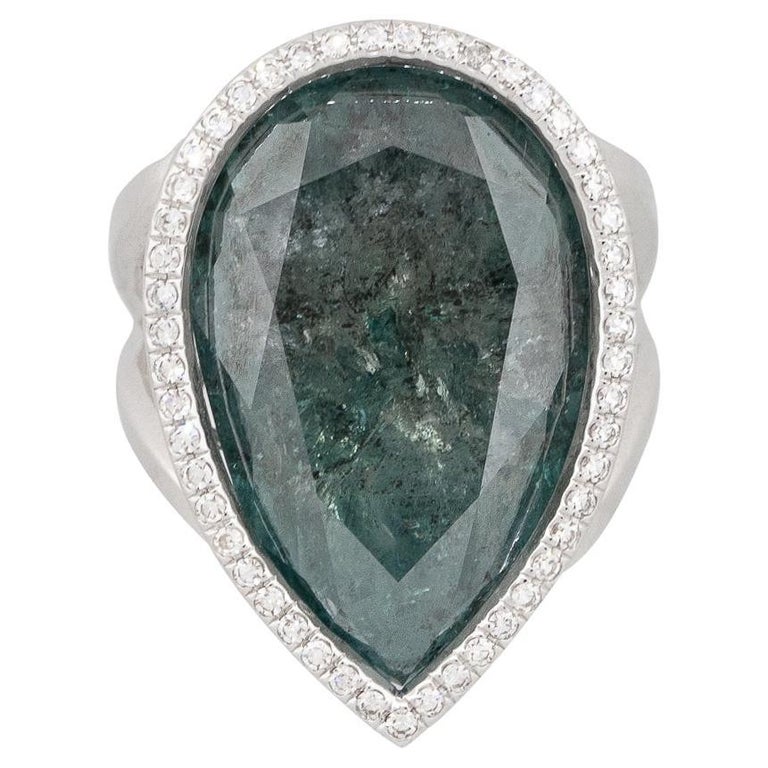 25.91 Carat Blue Green Pear Shaped Diamond Halo Ring 14 Karat in Stock ...