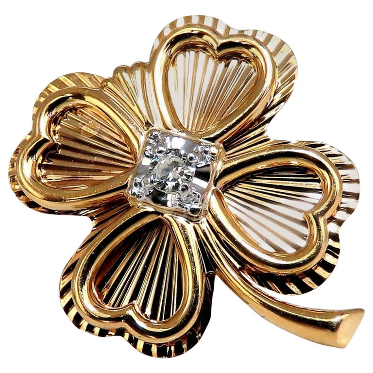 .25 Carat Natural Diamond Irish Clover Pin 14 Karat Gold at 1stDibs