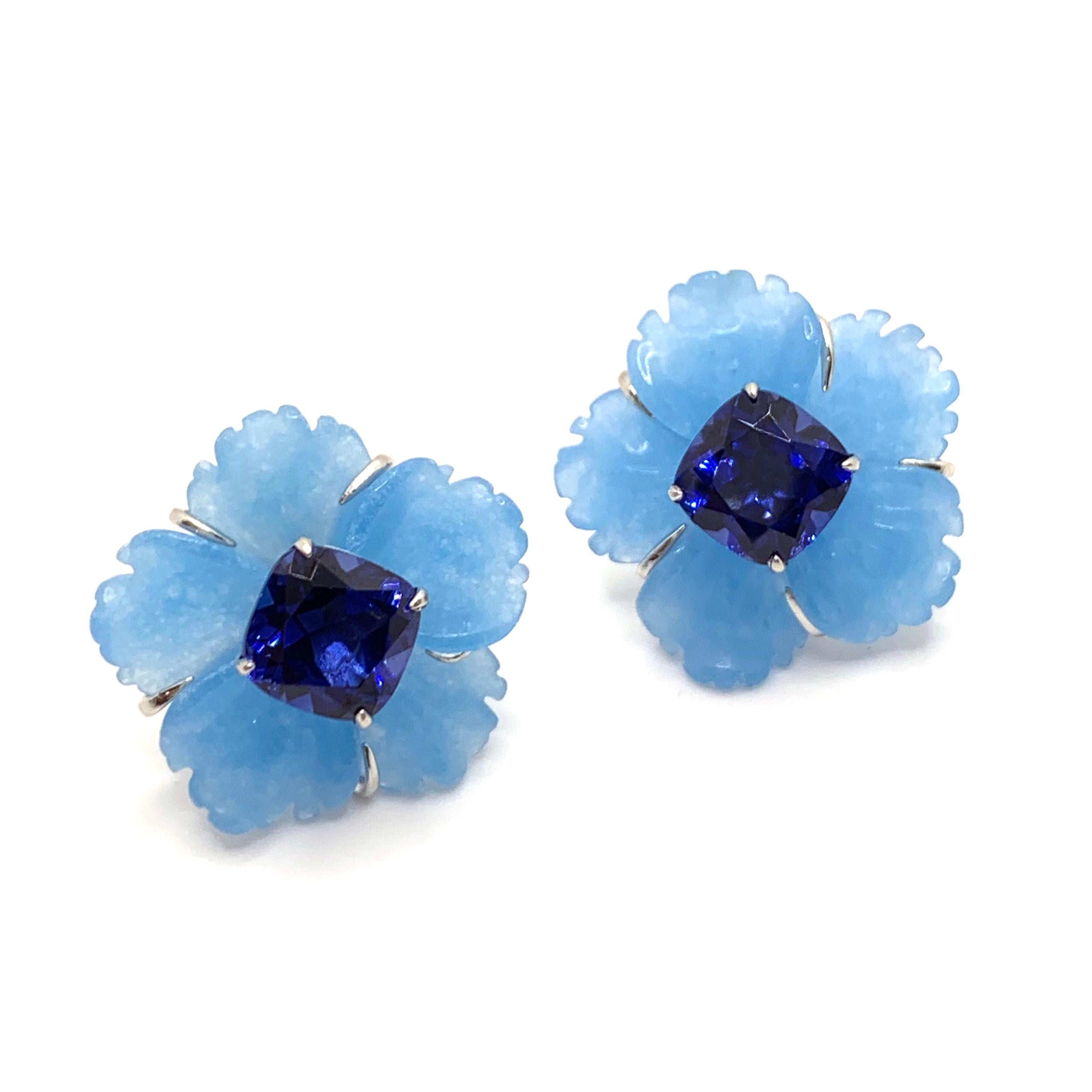 25mm Carved Blue Quartzite Flower and Cushion-cut Lab Sapphire Earrings ...